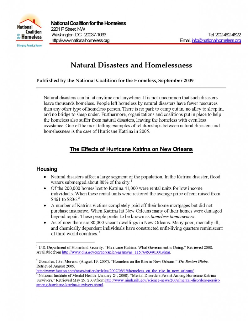 National Coalition for the Homeless Natural Disasters and Homelessness ...